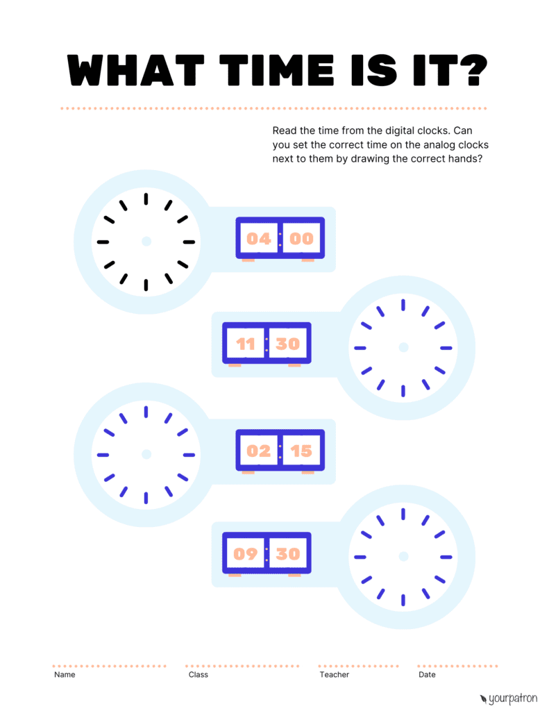 Free Clock Time Worksheets Grade 1 - YourPatron