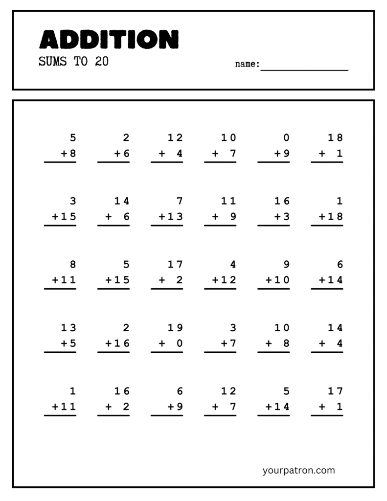 Grade 1 Addition Worksheets -YourPatron