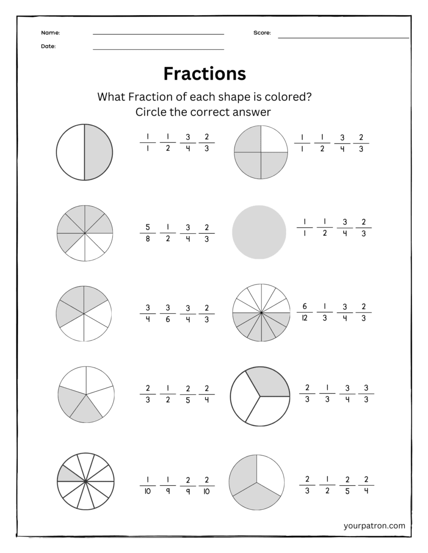 Free Worksheets Fraction For Grade 1 - YourPatron