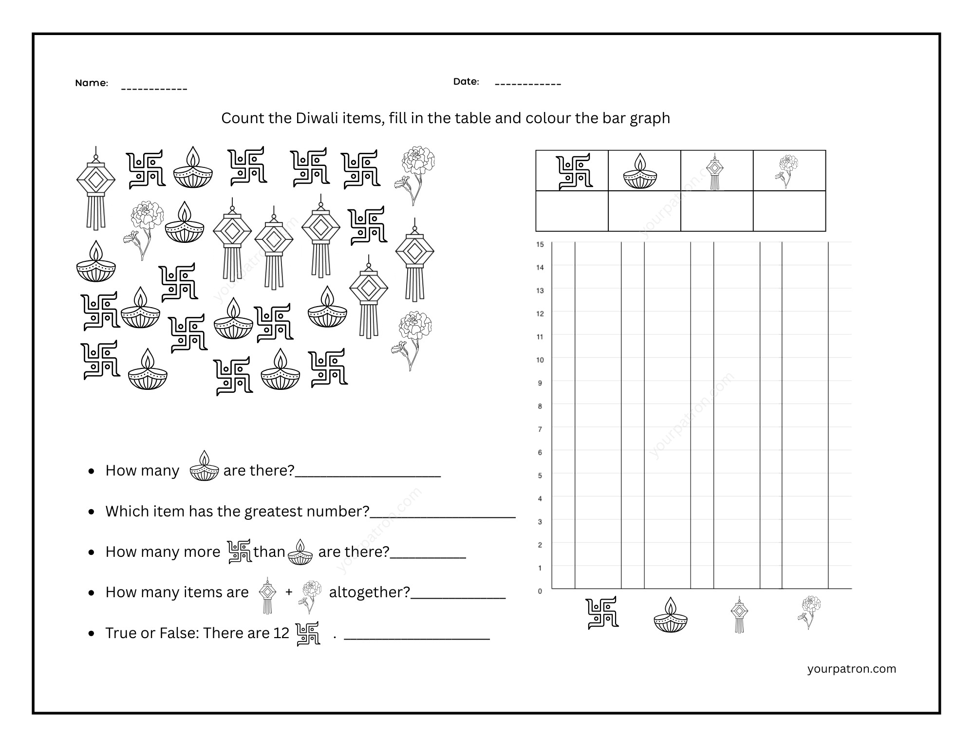 Free Diwali Graph Worksheets For Kindergarten – Count, Sort & Bar Graph ...